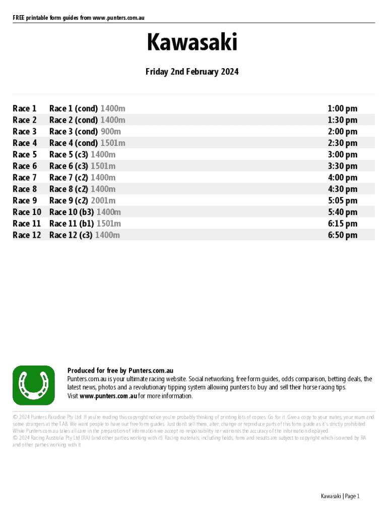 Fillable Online Kawasaki Printable Form Guide - Friday 2nd February ...