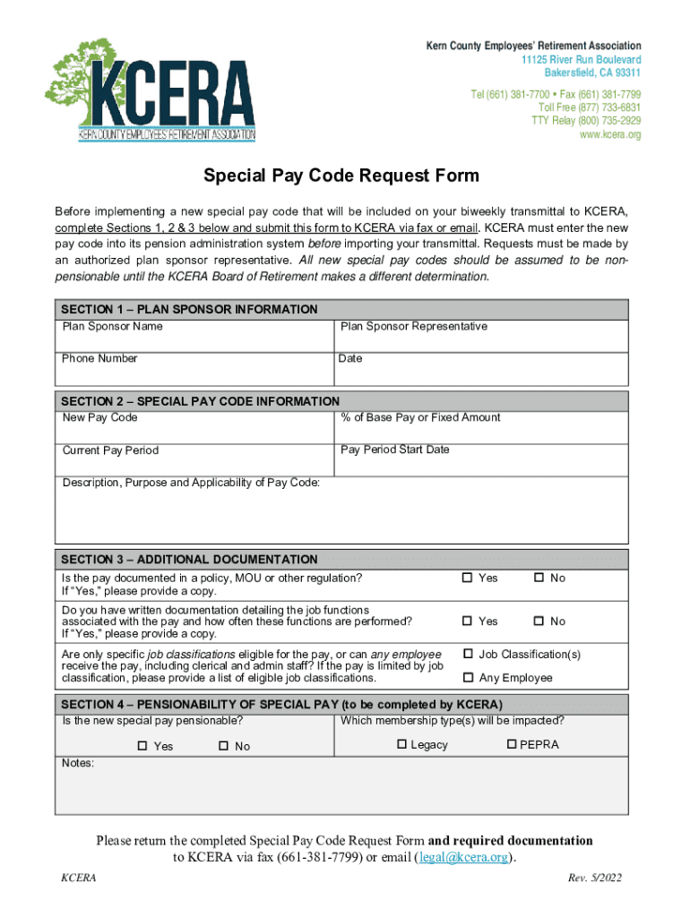 Fillable Online FORM - Special Pay Code Request Form (Rev. 2022-05) Fax ...
