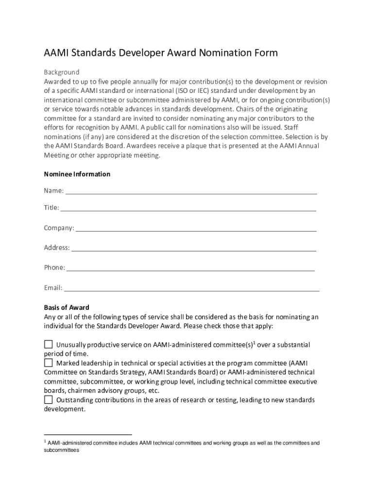 Fillable Online AAMI Standards Developer Award Nomination Form Fax ...