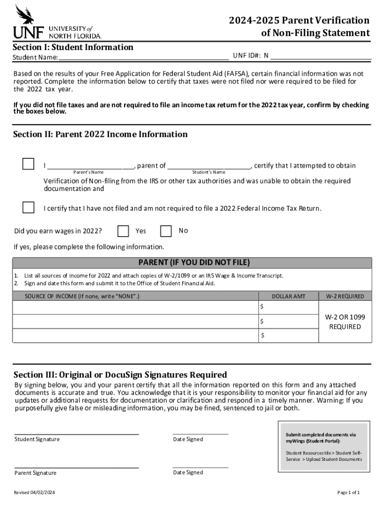 Fillable Online 2024-2025 Student Verification of Non-Filing Statement Fax Email Print - pdfFiller