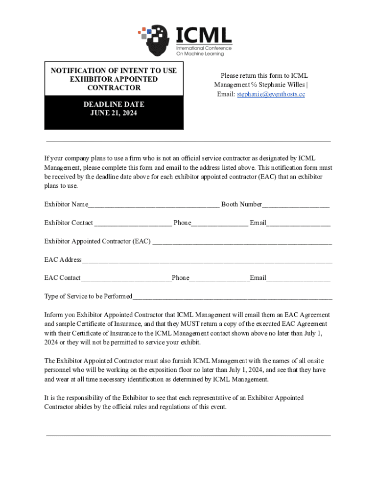 Fillable Online notification of intent to use an exhibitor appointed ... Fax Email Print - pdfFiller