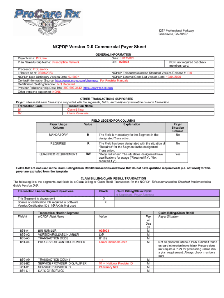 Fillable Online NCPDP Version D.0 Commercial Payer Sheet BIN: 018166 Fax Email Print - pdfFiller