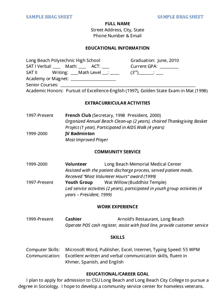 Fillable Online How to Write a Brag Sheet - Tips, Templates & Examples ...