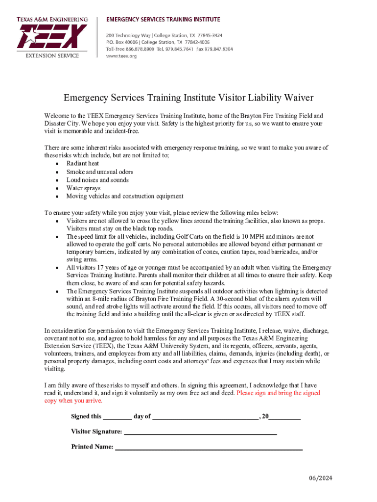 Fillable Online Emergency Services Training Institute Visitor Liability Waiver Fax Email Print ...
