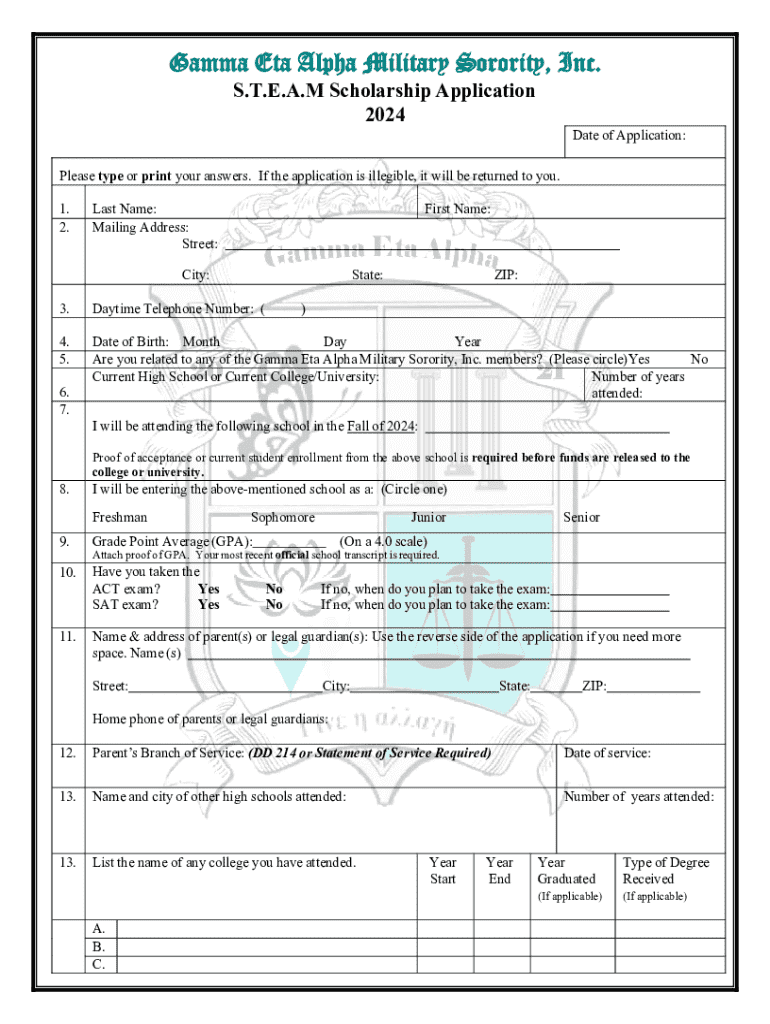 Fillable Online S.T.E.A.M. Scholarship - Gamma Eta Alpha Military ...