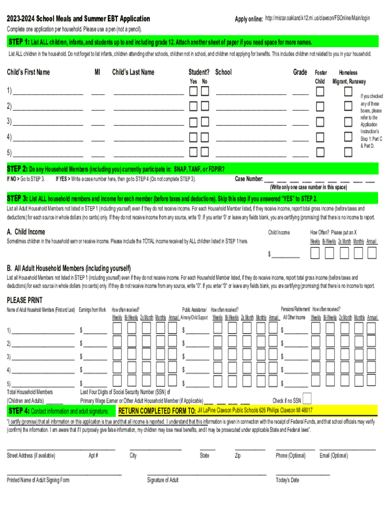 Fillable Online School Meals and Summer EBT Application 24/ ... Fax ...