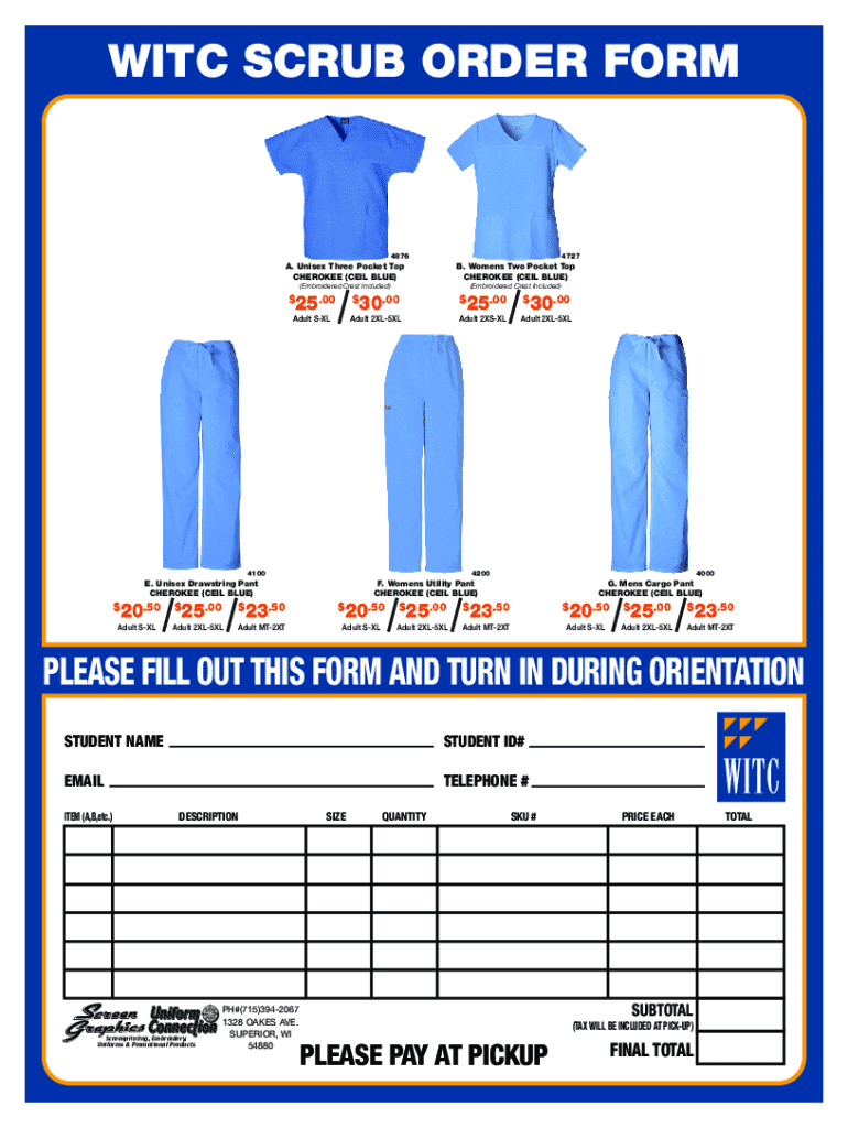 Fillable Online WITC - Scrub Order Form Generic Fax Email Print - pdfFiller