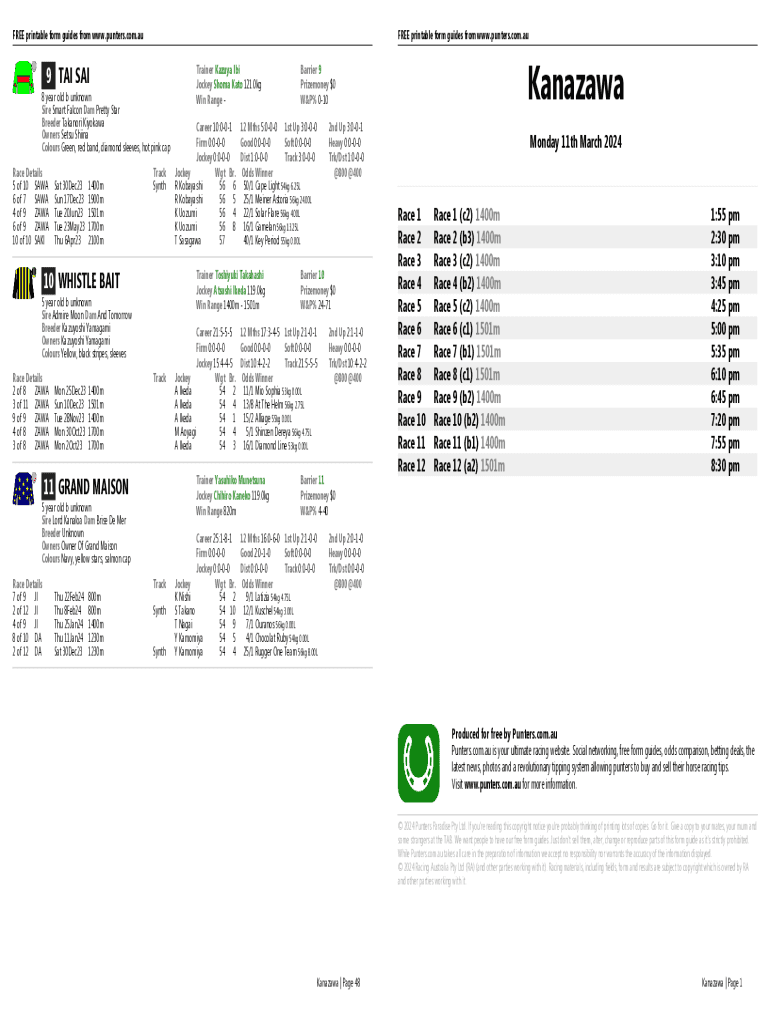 Fillable Online Kanazawa Printable Form Guide - Monday 11th March 2024 ...