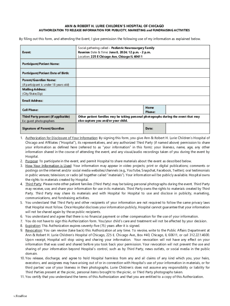 Fillable Online AUTHORIZATION TO RELEASE INFORMATION FOR PUBLICITY, MARKETING and FUNDRAISING ...
