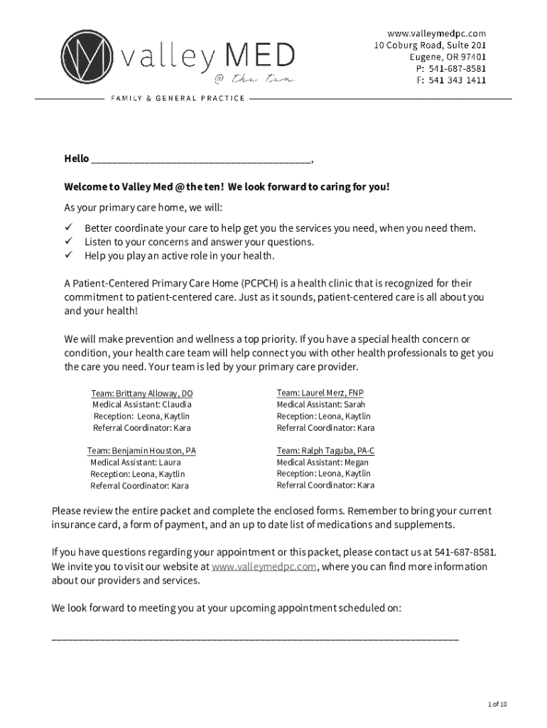 Fillable Online Valley Medthe ten! We look forward to caring for you! As ... Fax Email Print ...