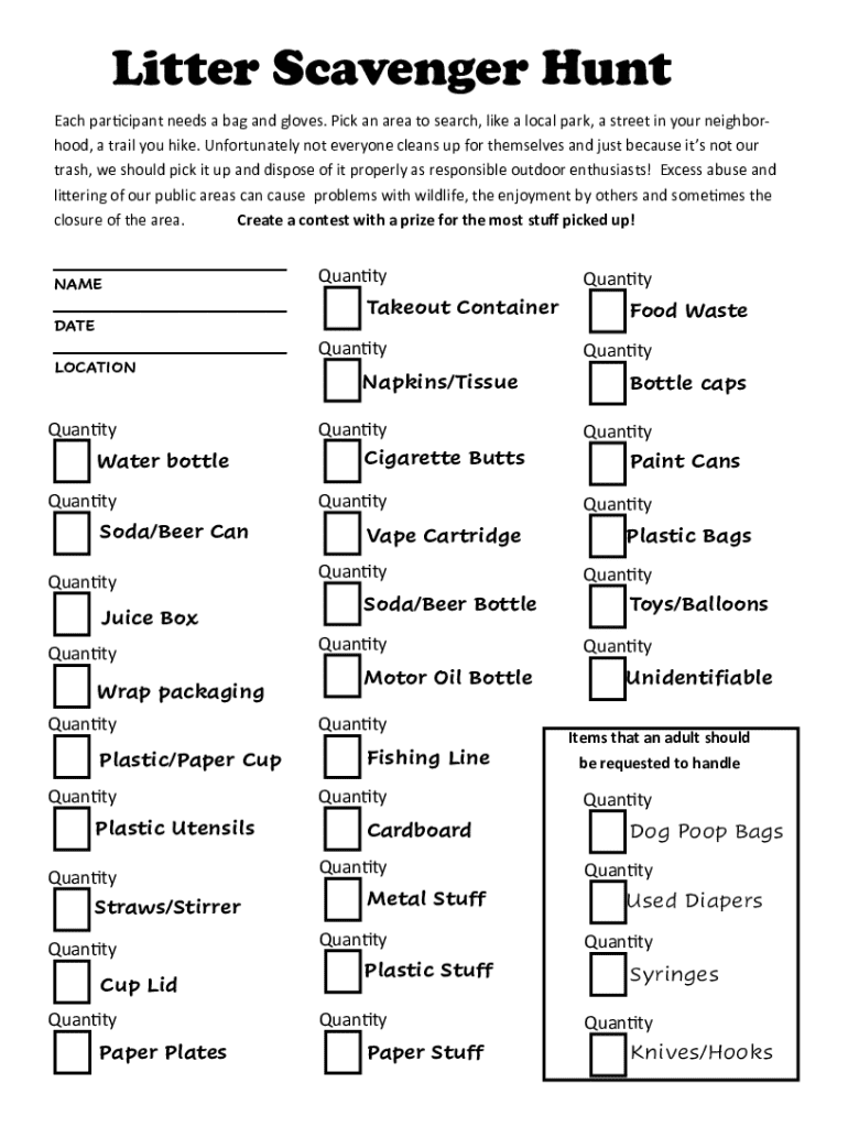 Fillable Online Pick Up Litter Scavenger Hunt for Kids- Kindness ...