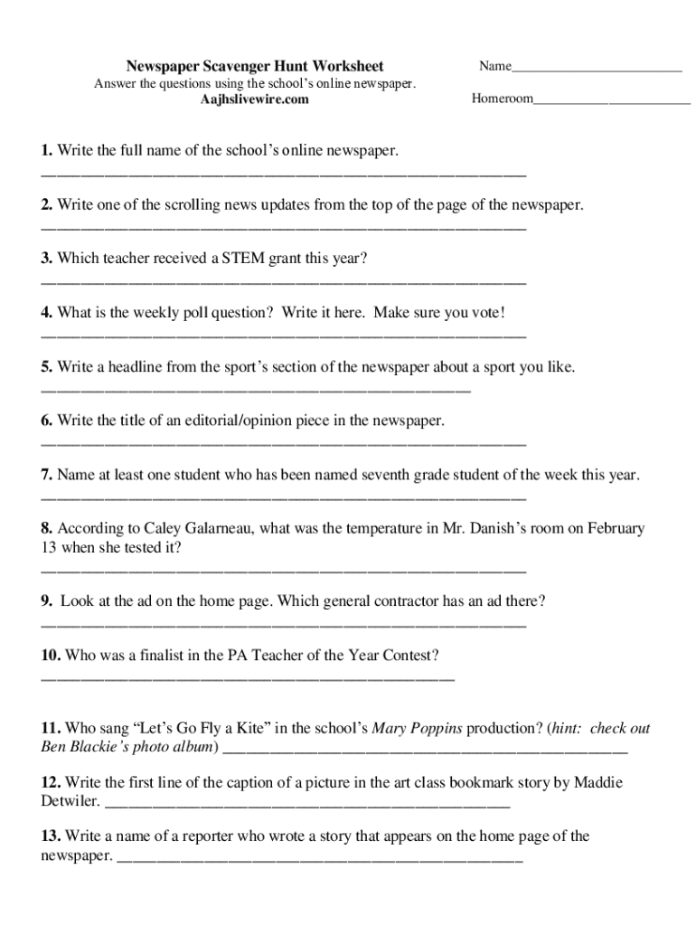 Fillable Online Newspaper Scavenger Hunt Worksheet Fax Email Print ...