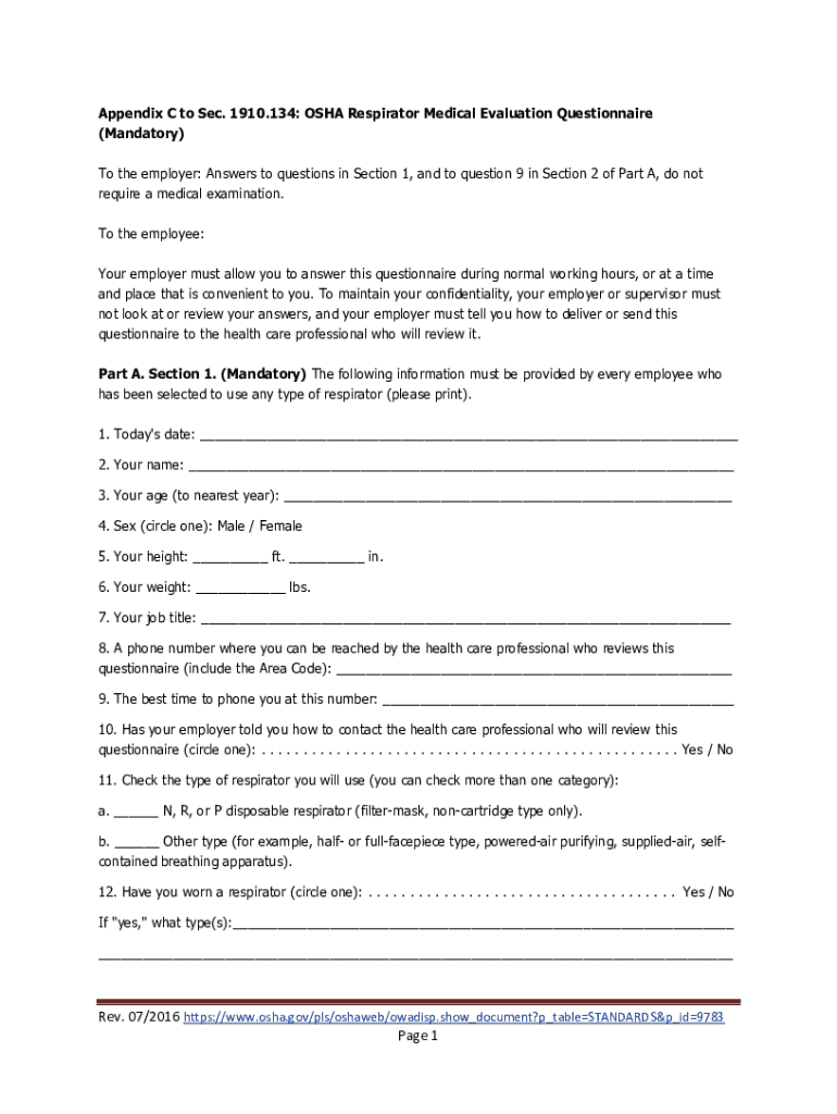 Fillable Online 134: OSHA Respirator Medical Evaluation Questionnaire ...