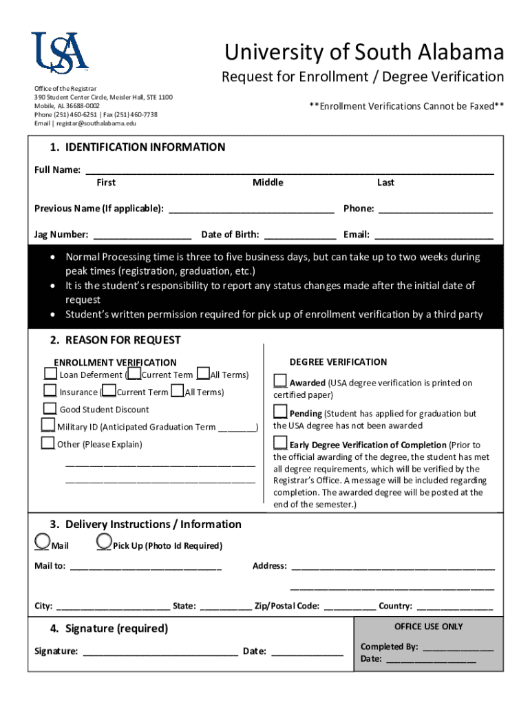 Fillable Online university of south alabama request for enrollment ...