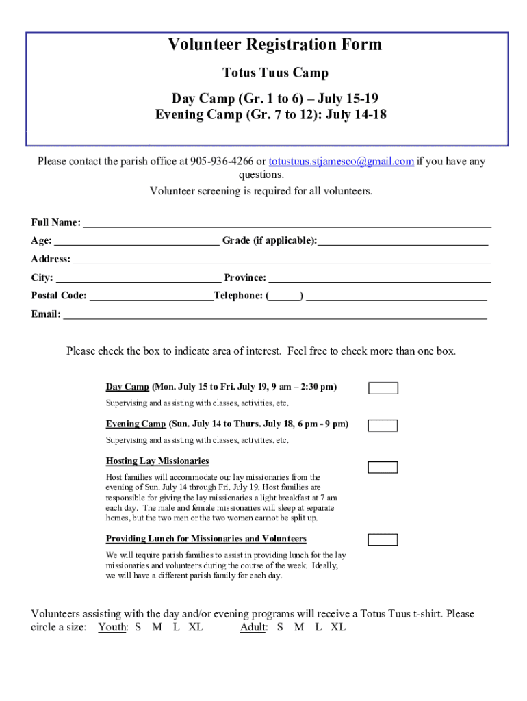Fillable Online TOTUS TUUS Youth Summer Camp Registration Form: Fax ...