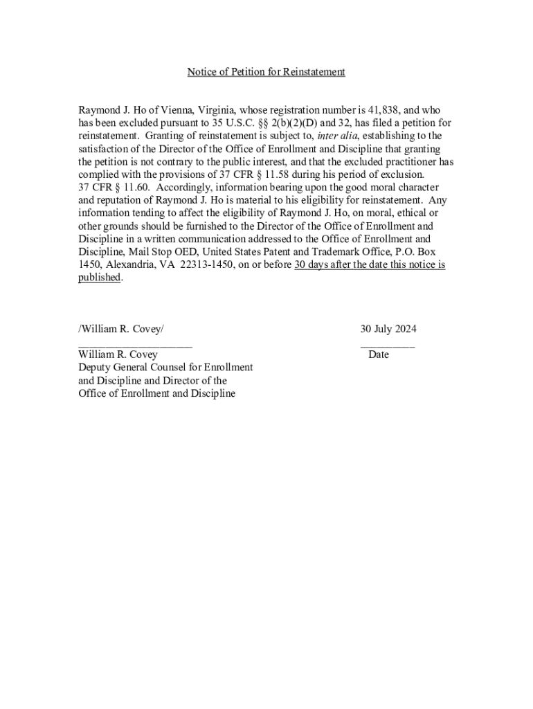 Fillable Online Notice of Petition for Reinstatement - Raymond J Ho Fax Email Print - pdfFiller