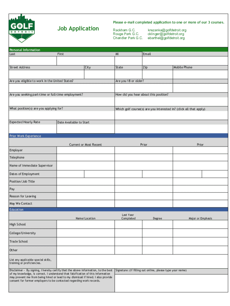 Fillable Online Job Application Golf Detroit Fax Email Print - pdfFiller