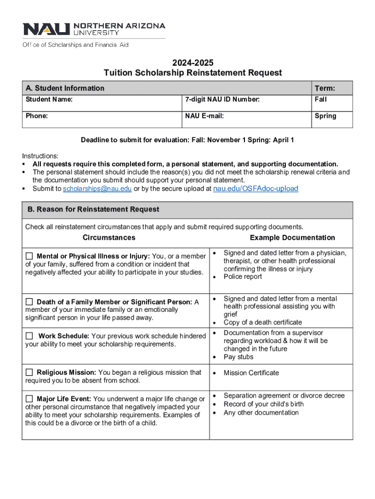 Fillable Online 2024-2025 Tuition Scholarship Reinstatement Request Fax Email Print - pdfFiller