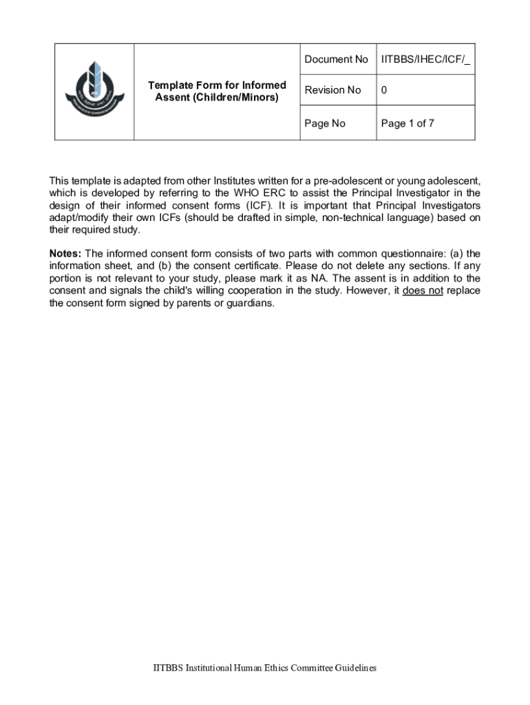 Fillable Online Template Form for Informed Assent (Children/Minors ...