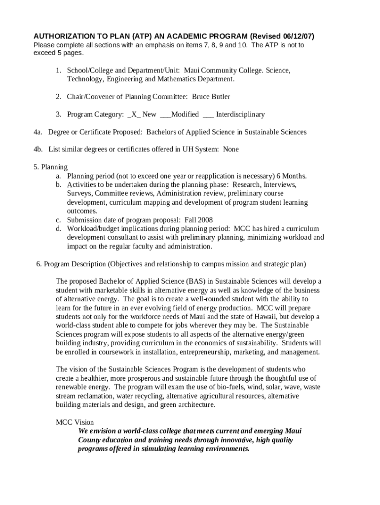 Authorization to Plan a New Academic Program (ATP) - maui hawaii Doc Template | pdfFiller
