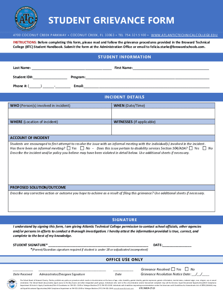 Fillable Online Form 125-021: Student Grievance Form Fax Email Print ...
