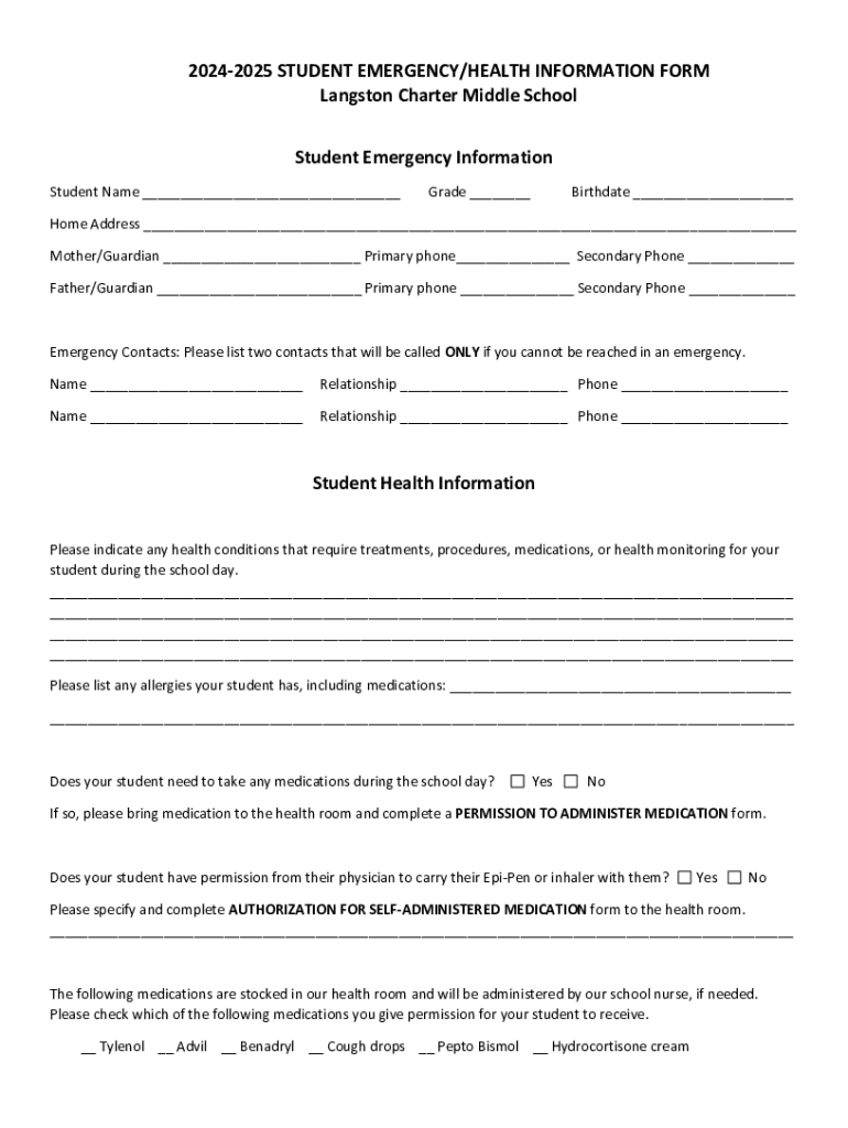 Fillable Online 2024-2025 student emergency/health information form Fax ...