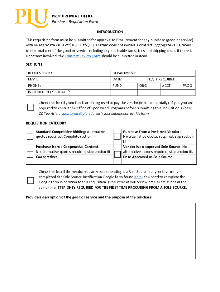 Fillable Online PROCUREMENT OFFICE Purchase Requisition Form Fax Email ...