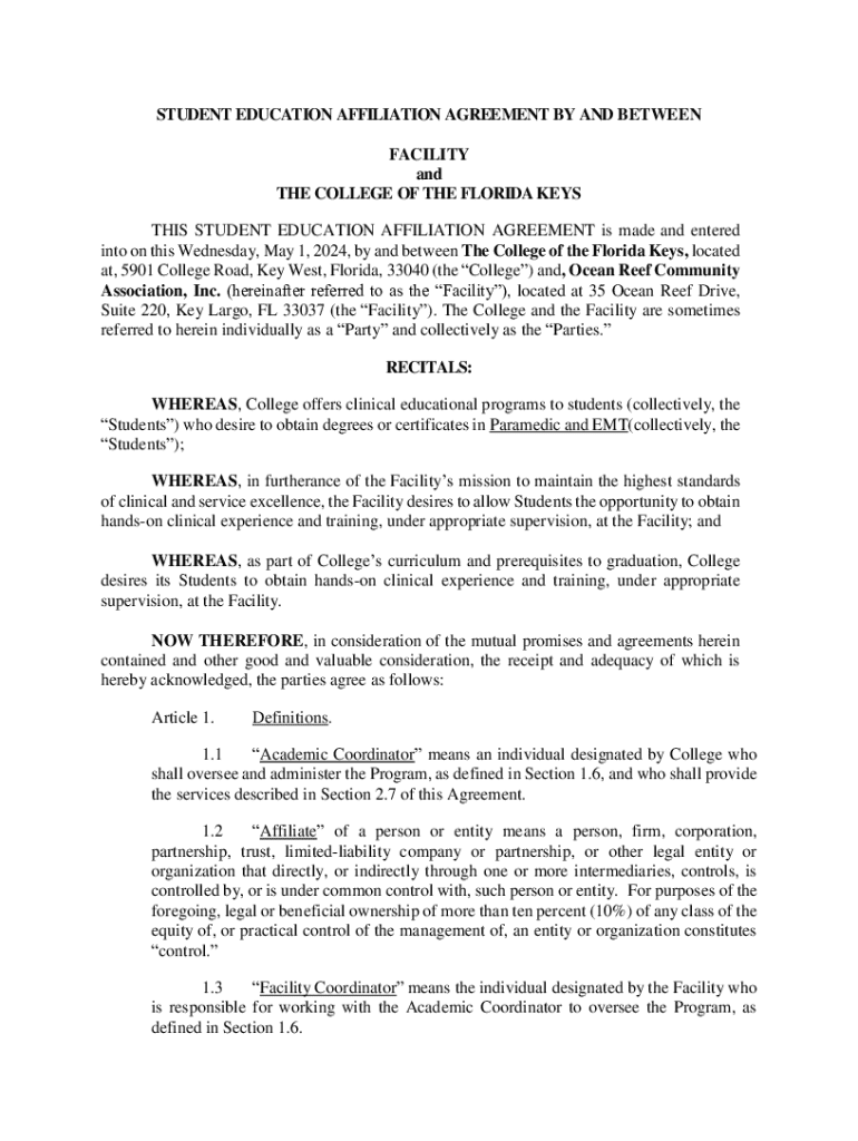 Fillable Online student education affiliation agreement by and between ...