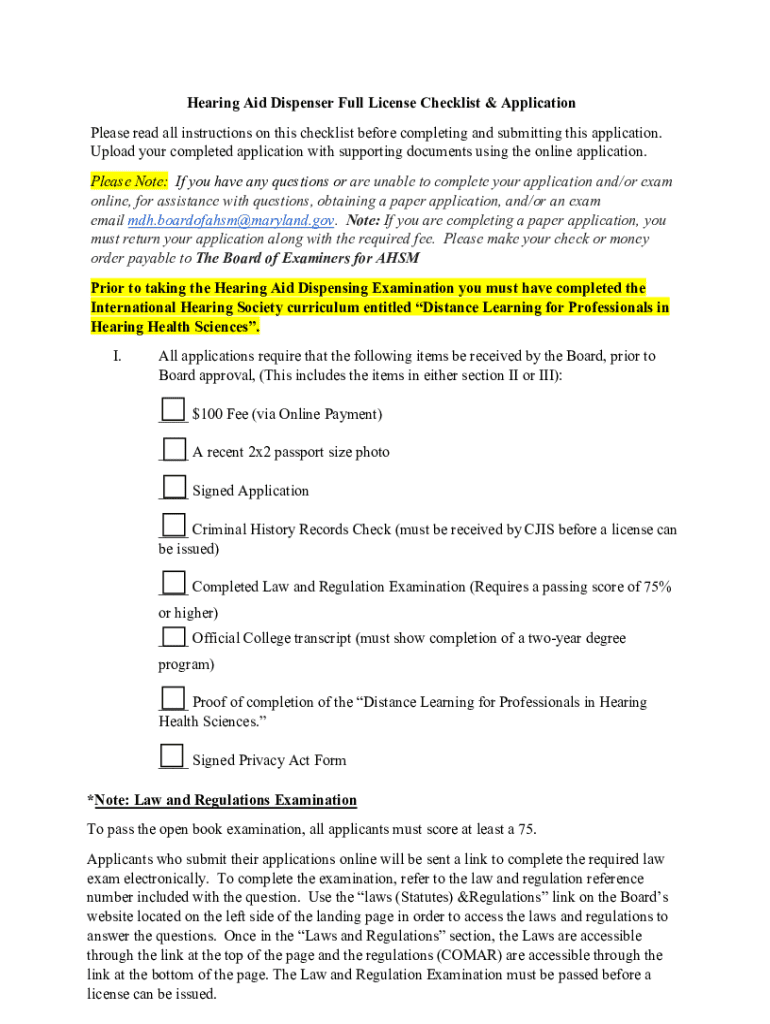 Fillable Online Hearing Aid Dispenser Full License Checklist ...