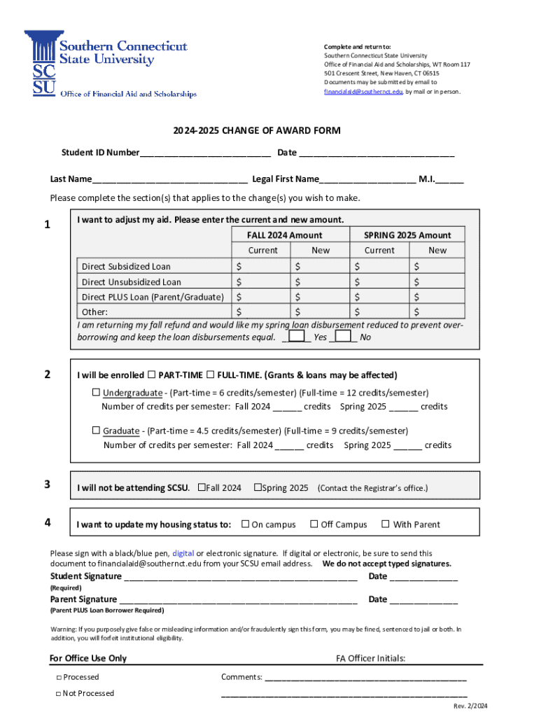 Fillable Online 2024-2025 CHANGE OF AWARD FORM - Inside Southern Fax ...