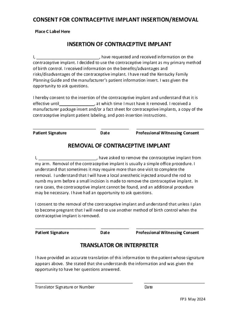 Fillable Online consent for contraceptive implant insertion/removal Fax Email Print - pdfFiller