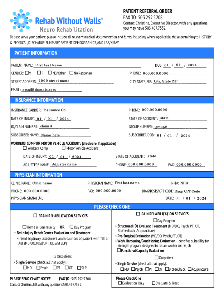 Fillable Online PATIENT REFERRAL ORDER FAX TO: 503.292.5208 Fax Email ...