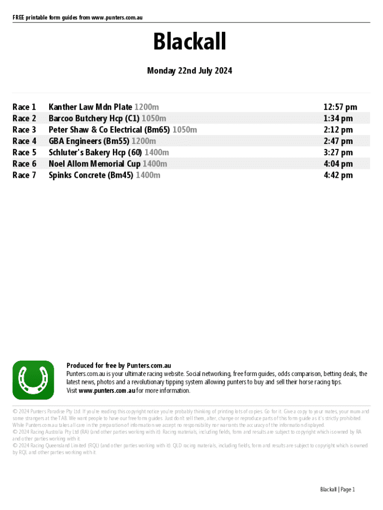 Fillable Online Blackall Printable Form Guide - Monday 22nd July 2024 ...