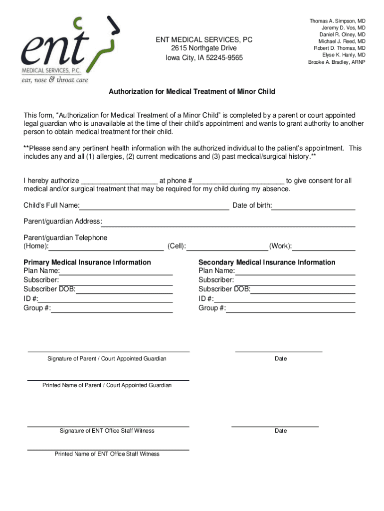 Fillable Online Authorization for Medical Treatment of Minor Child Fax ...