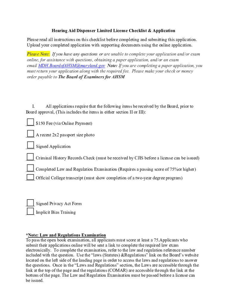 Fillable Online Hearing Aid Dispenser Limited License Checklist ...
