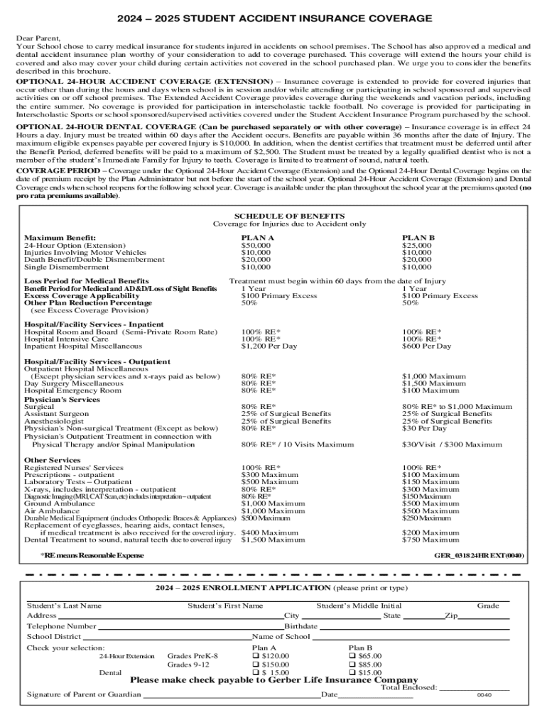 Fillable Online 20242025 Student Accident Insurance Coverage. 20242025 ...