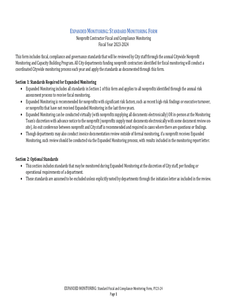 Fillable Online nonprofit contractor review standard monitoring form ...