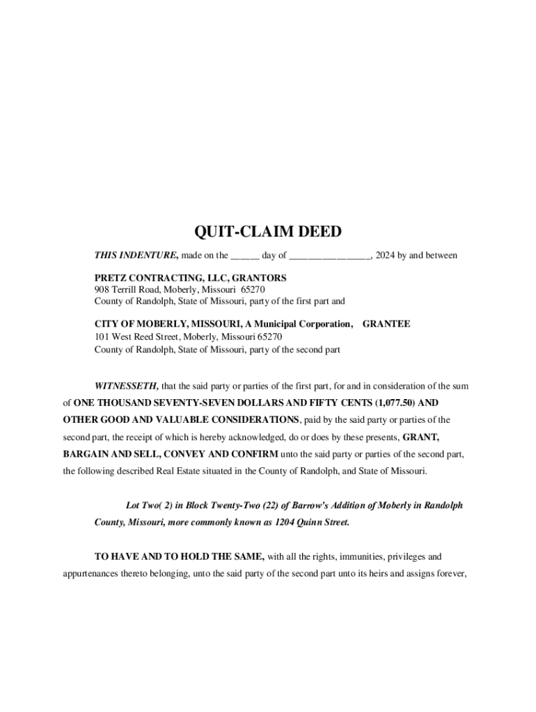 Fillable Online QUIT CLAIM DEED THIS INDENTURE made on the Fax Email ...