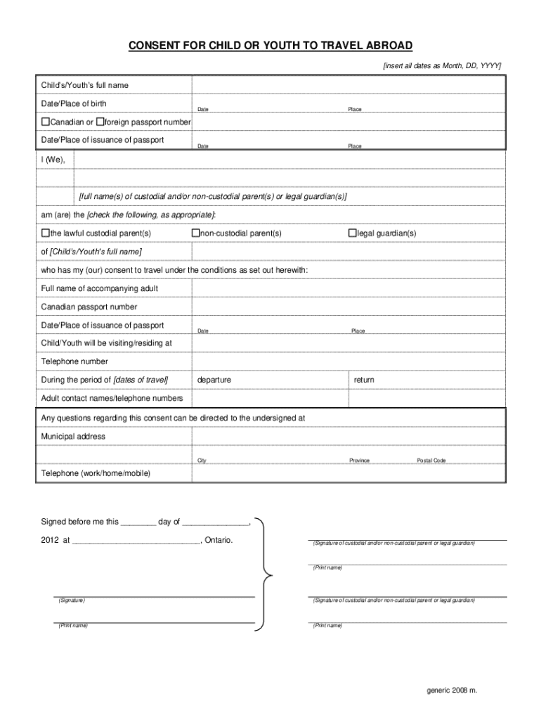 Fillable Online 5 PI-Cleveland Canadian consent for child to travel ...