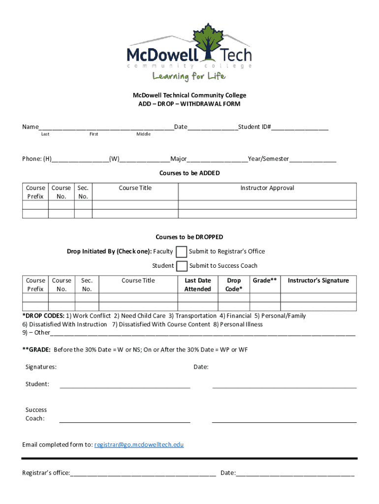 Fillable Online ADD DROP WITHDRAWAL FORM Fax Email Print - pdfFiller