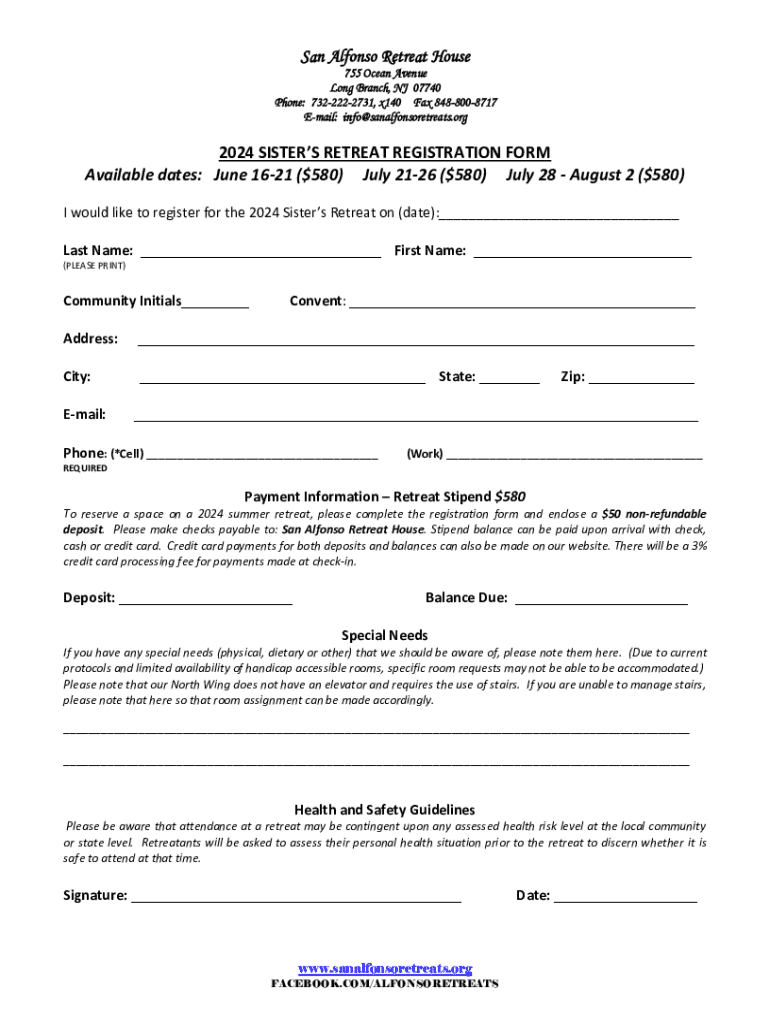Fillable Online 2024 sister\'s guided 6 day retreat registration form ...