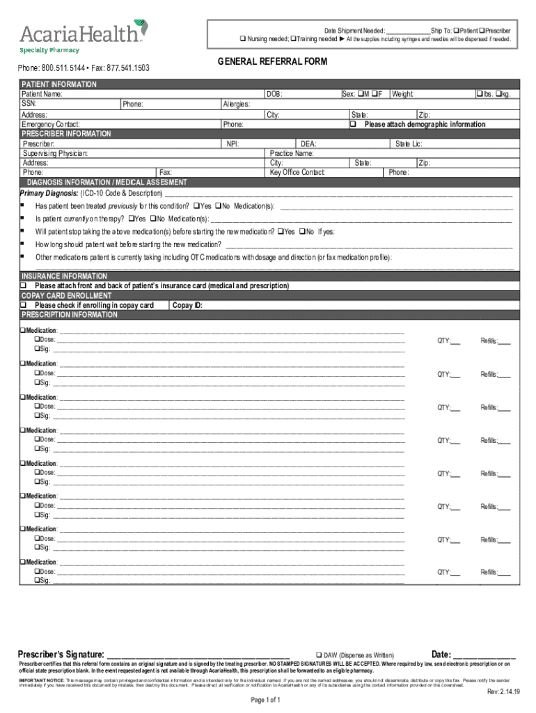 Fillable Online Acaria Health - General Referral Form. General Referral Form Fax Email Print ...
