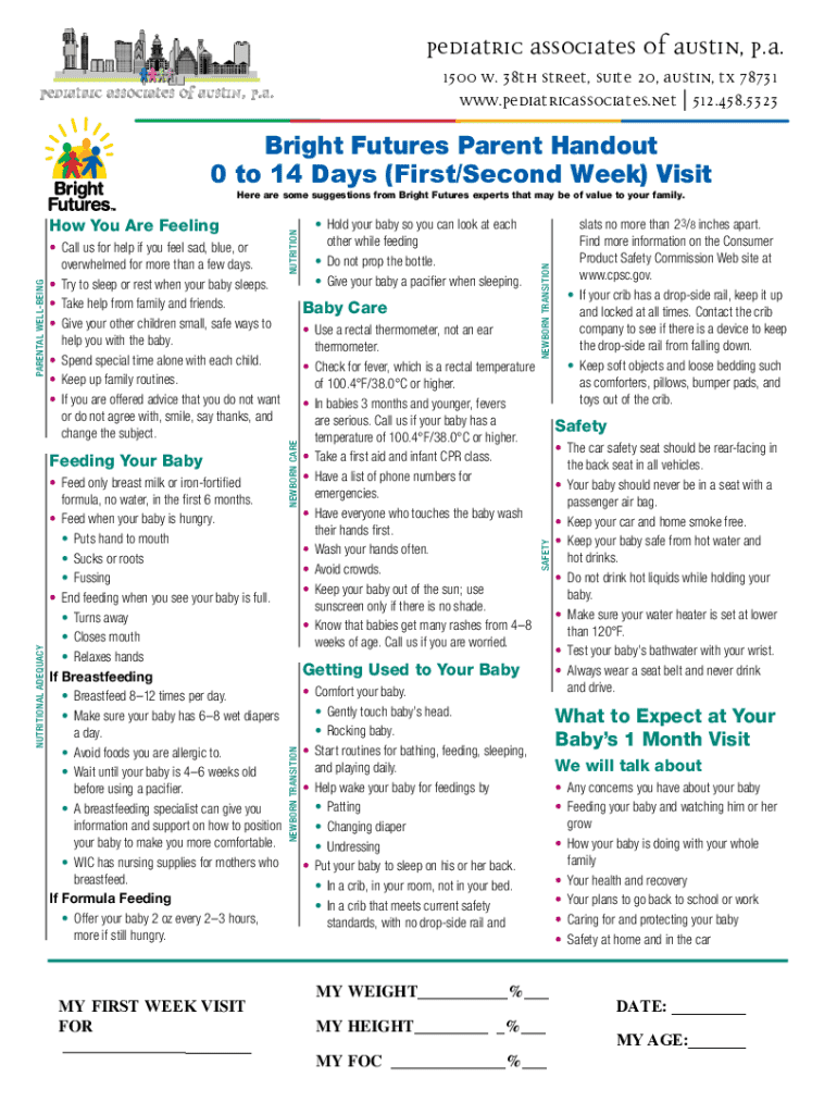 Fillable Online Bright Futures Parent Handout 0 to 14 Days (First ...