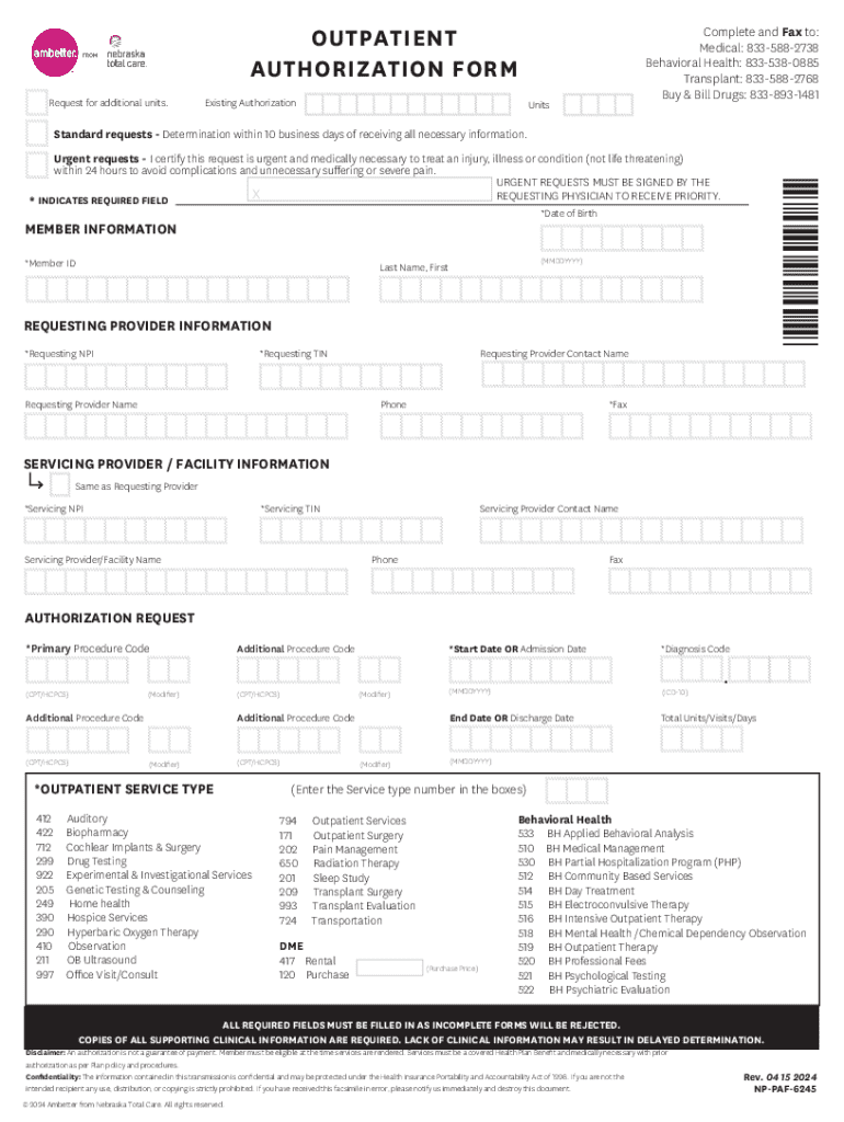 Fillable Online NP-OP-PAF-6245-Outpatient Authorization Form Ambetter ...