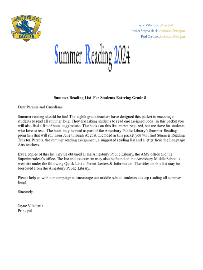 Fillable Online Summer Reading Packet Rising Grade Eight 2024 Fax Email ...