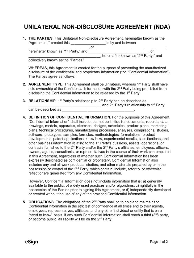 Fillable Online Free Unilateral Non-Disclosure Agreement (NDA) Template ...