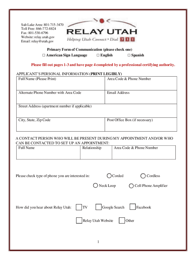 Fillable Online American Sign Language English Spanish - Relay Utah Fax ...