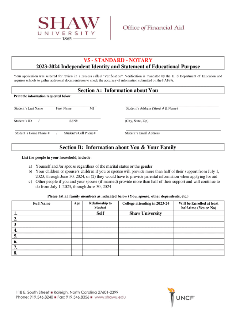 Fillable Online 20232024 V5 Verification Worksheet Independent Student Fax Email Print - pdfFiller