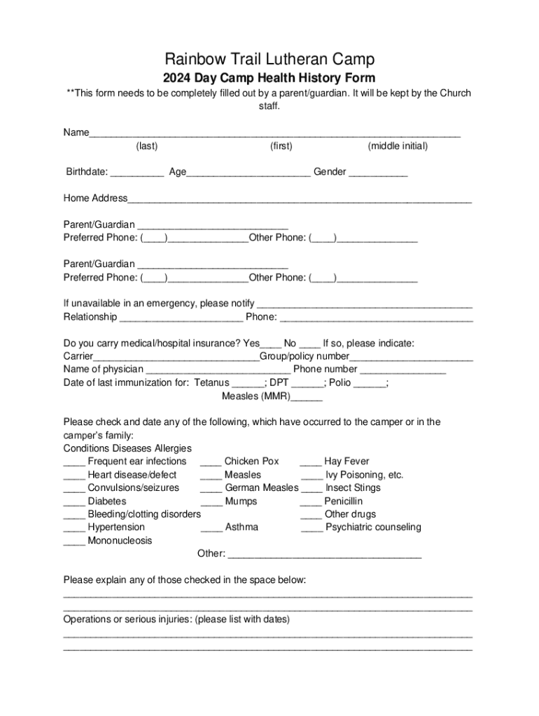 Fillable Online Rainbow Trail Lutheran Day Camp Registration Form Fax ...