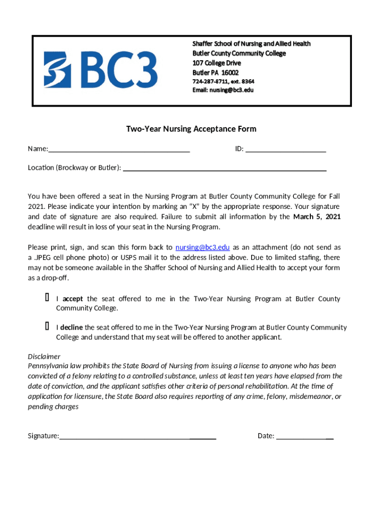 Two-Year Nursing Acceptance Doc Template | pdfFiller